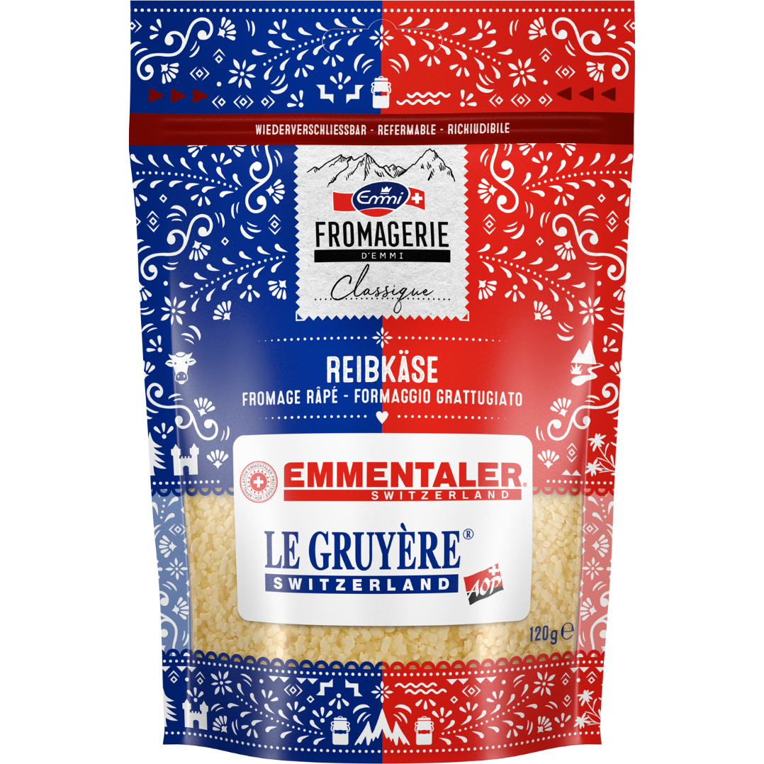 Fromagerie d'Emmi Fromage râpé Le Gruyère AOP & Emmentaler AOP | Groupe Emmi